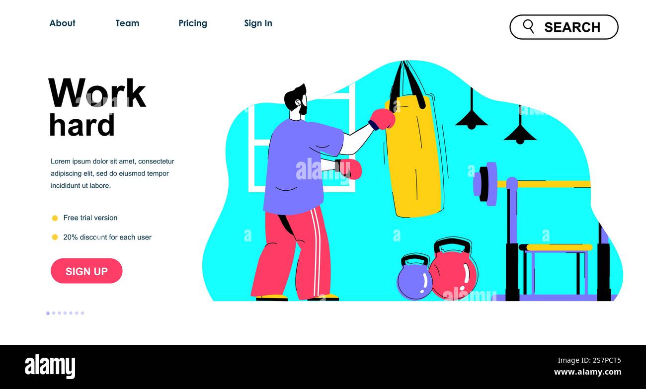 Work hard concept for landing page template. Man boxing and exercising ...