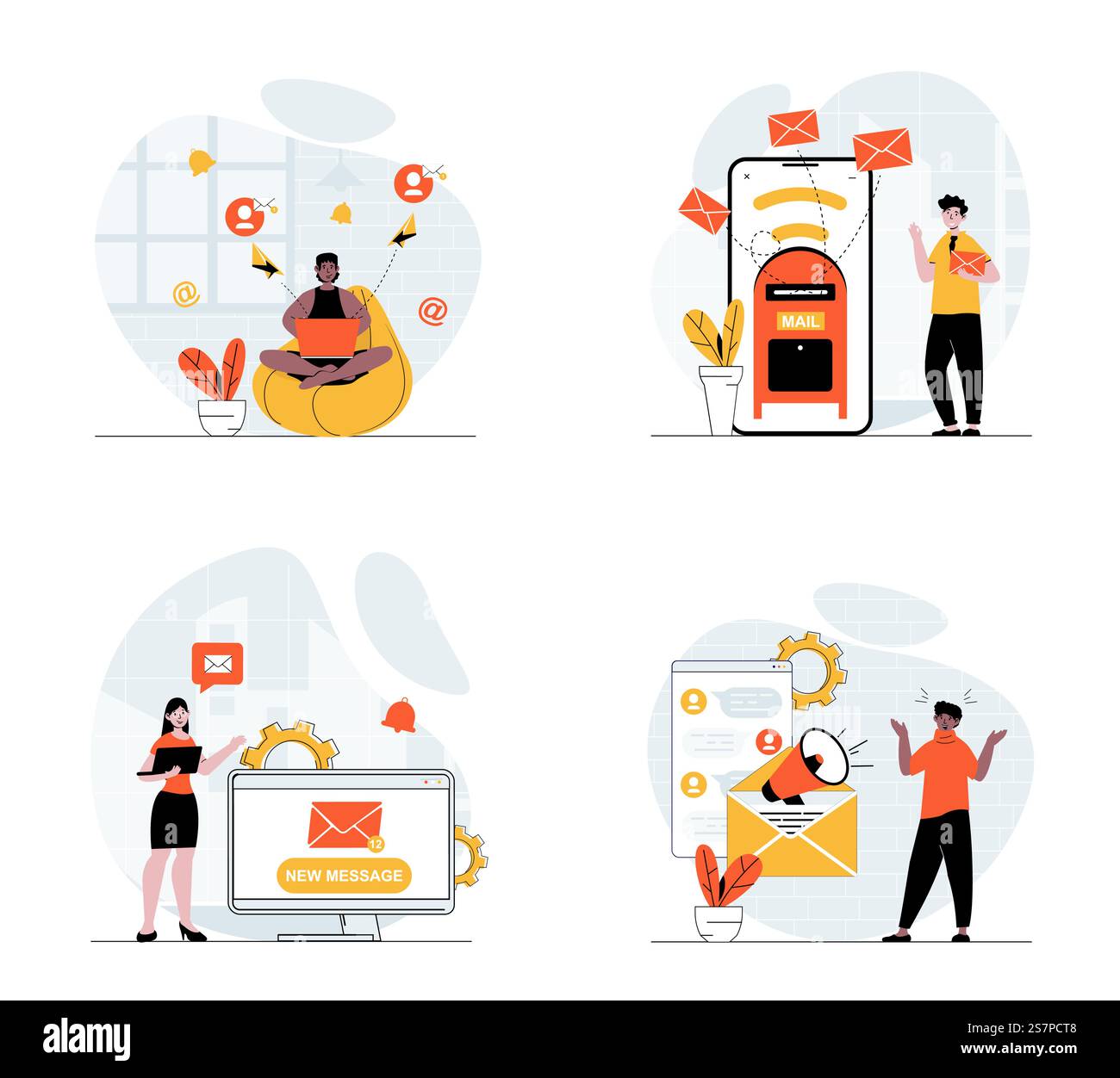 Email marketing concept with character set. Collection of scenes people sending emails with ...