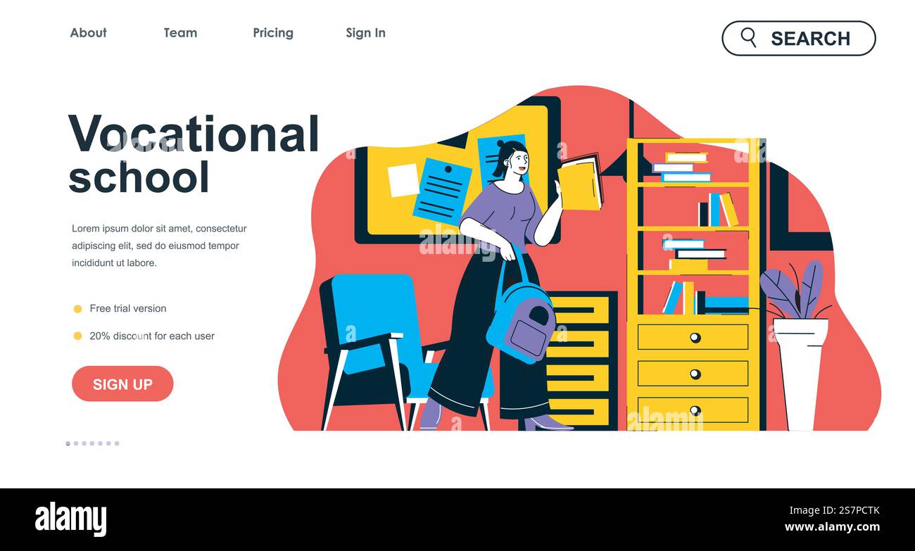 Vocational school concept for landing page template. Student studies ...
