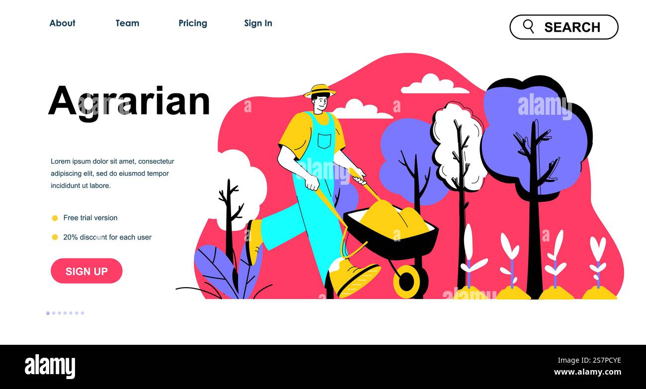 Agrarian concept for landing page template. Farmer with wheelbarrow ...