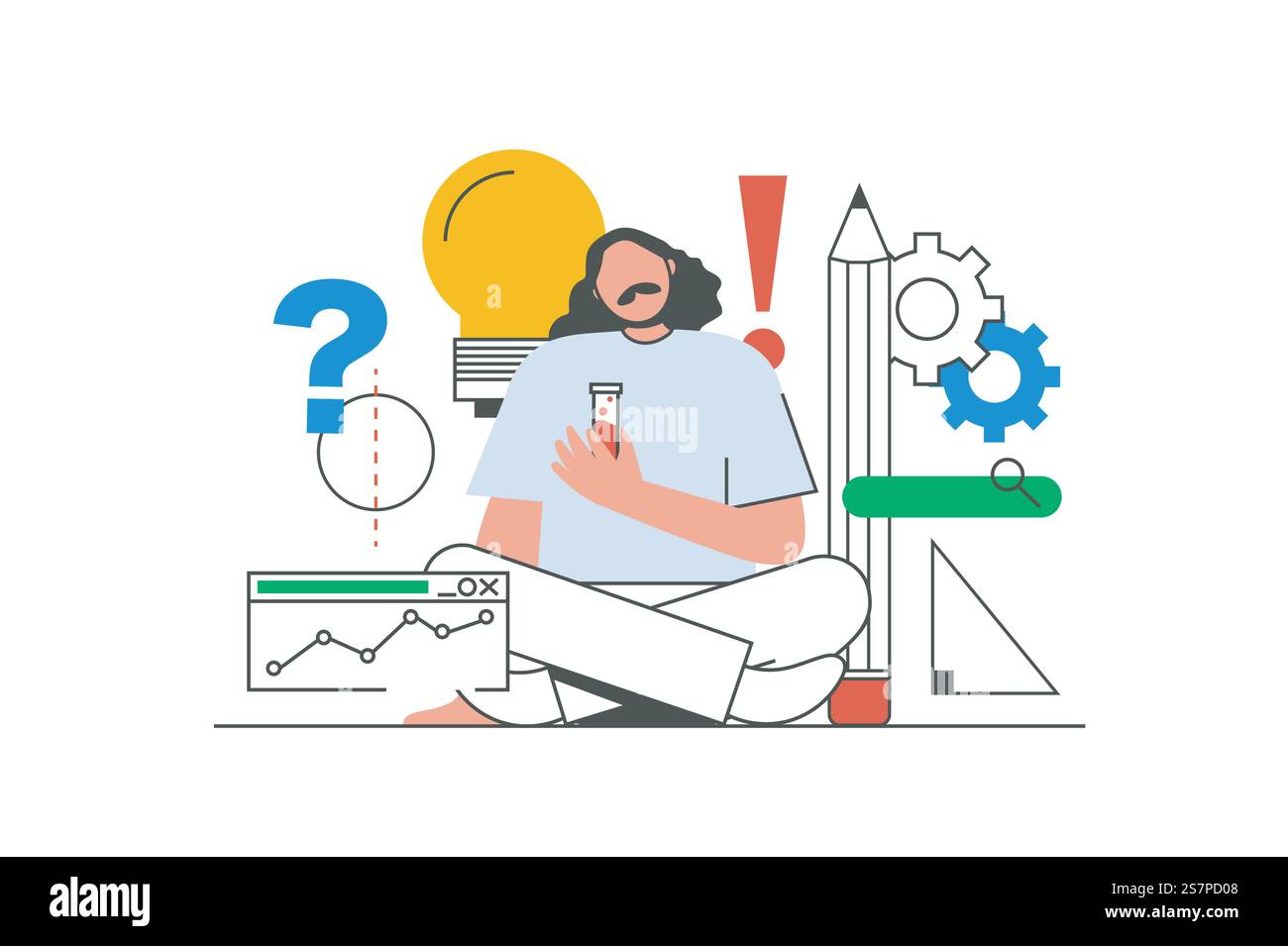 Science outline web concept with character scene. Man making tests ...