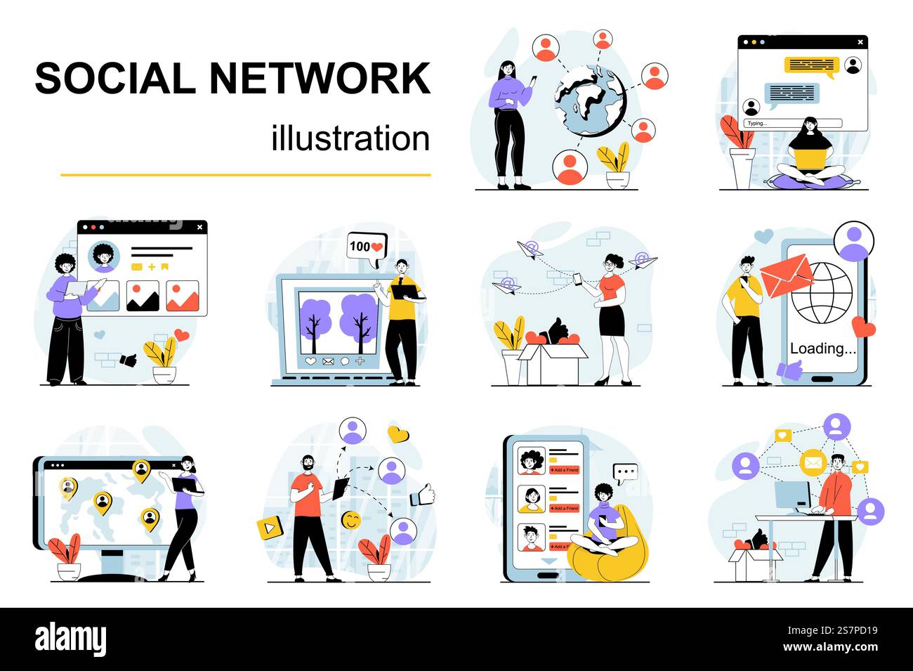 Social network concept with character situations mega set. Bundle of ...