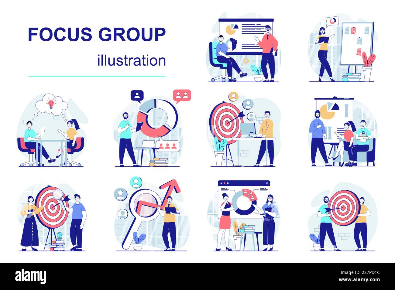 Focus group concept with character situations mega set. Bundle of scenes people collecting data ...