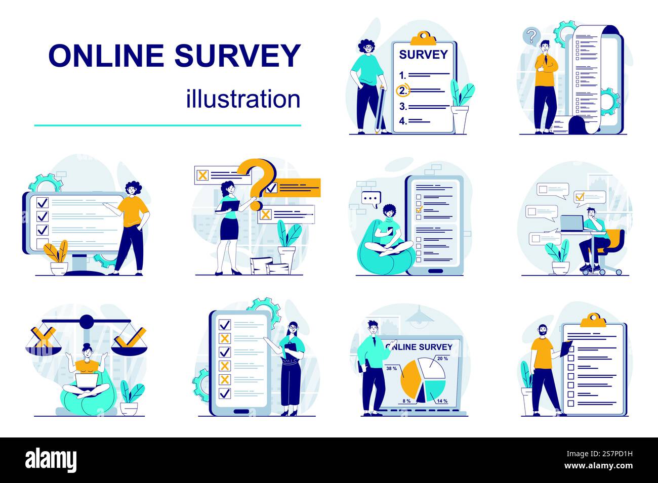 Online survey concept with character situations mega set. Bundle of ...