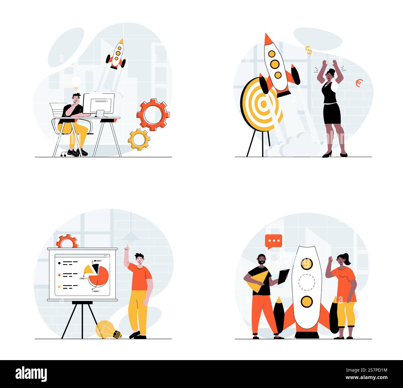 Business startup concept with character set. Collection of scenes people analyze financial data ...