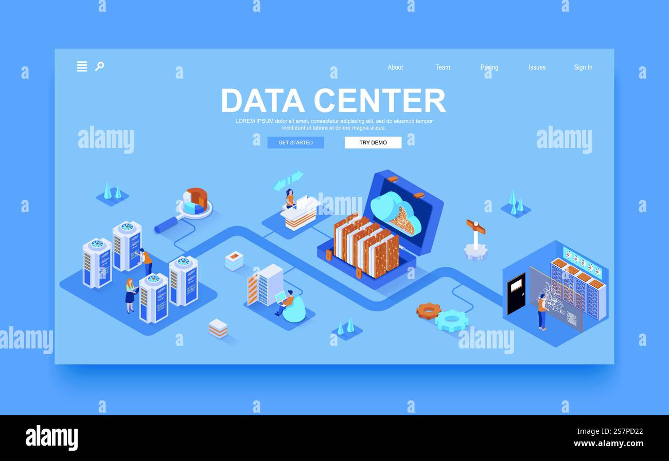Data center concept 3d isometric landing page template. People control and monitor operation of ...