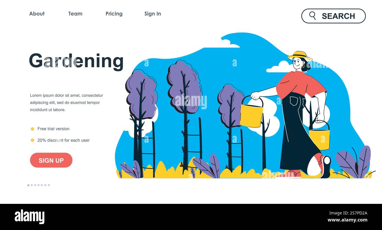 Gardening concept for landing page template. Woman holding buckets and ...