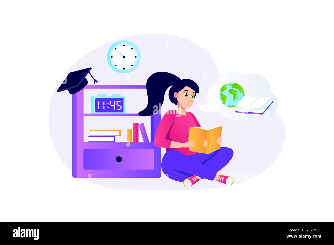 Learning process concept in flat style with people scene. Happy woman ...