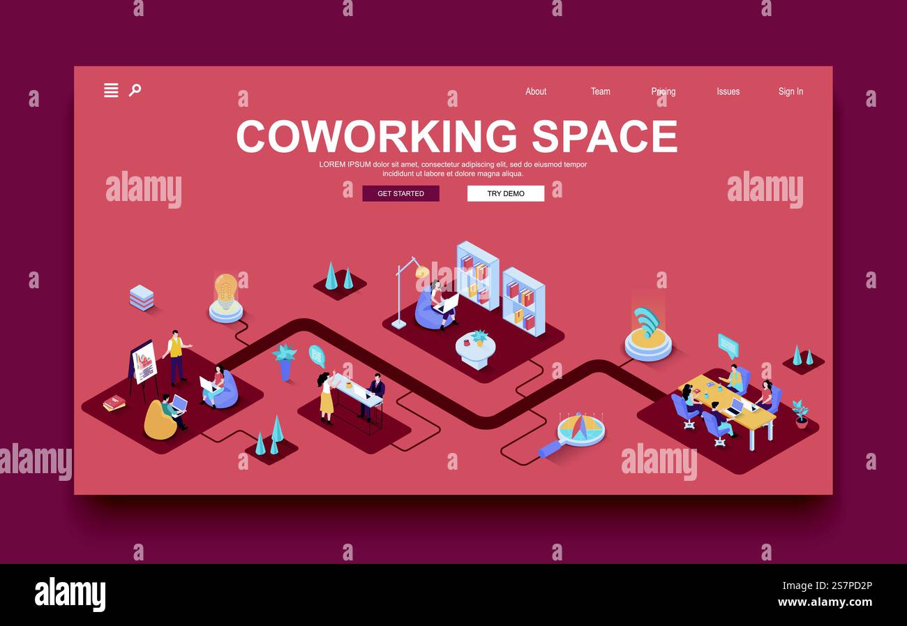 Coworking space concept 3d isometric landing page template. People work in open office ...