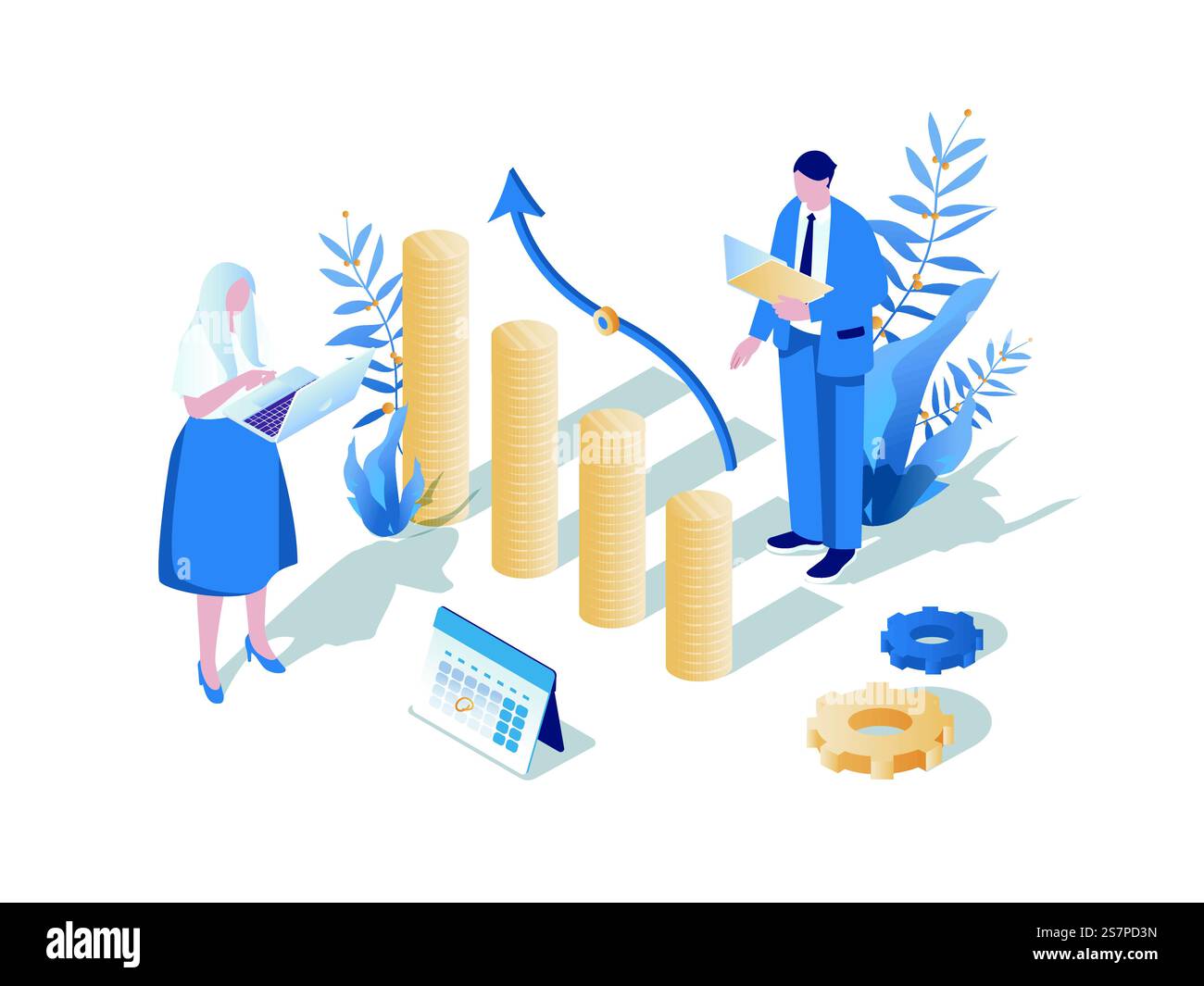 Financial analytics concept 3d isometric web scene. People working with ...