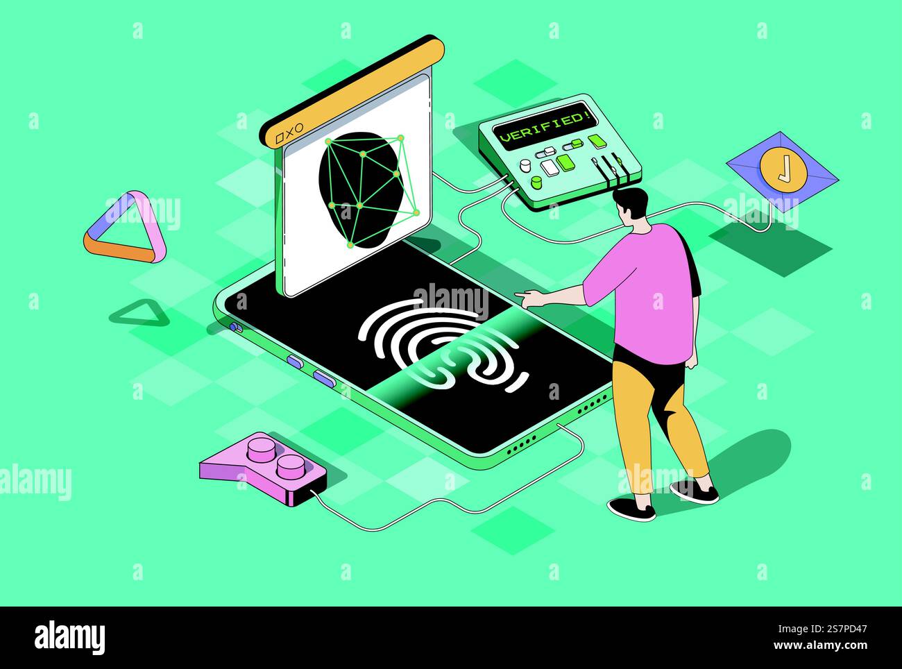 Biometric control concept in 3d isometric design. Man using secure access with ID verification ...
