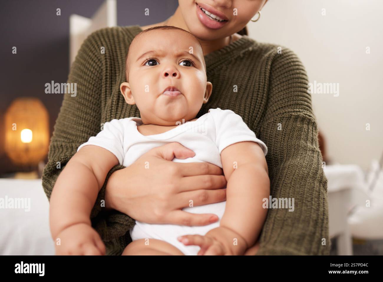 Comfort, mother and baby crying in home for attention, hungry or tired ...
