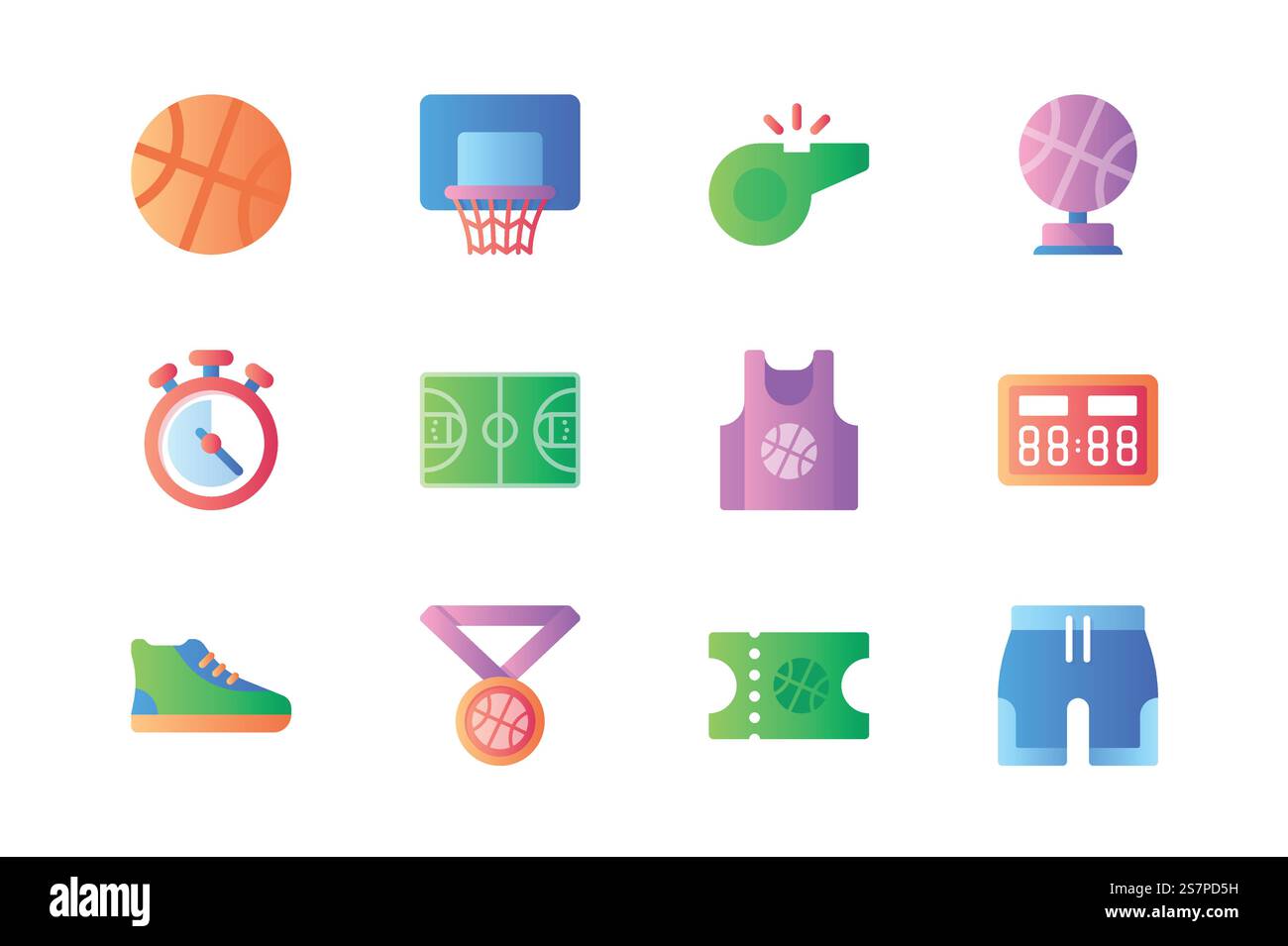 Basketball icons set in color flat design. Pack of ball, basket ...