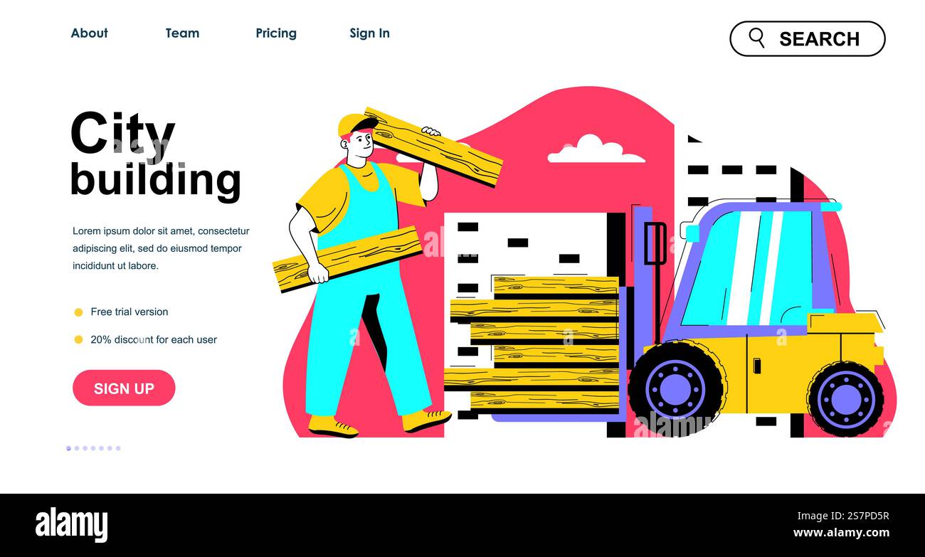 City building concept for landing page template. Man works on ...