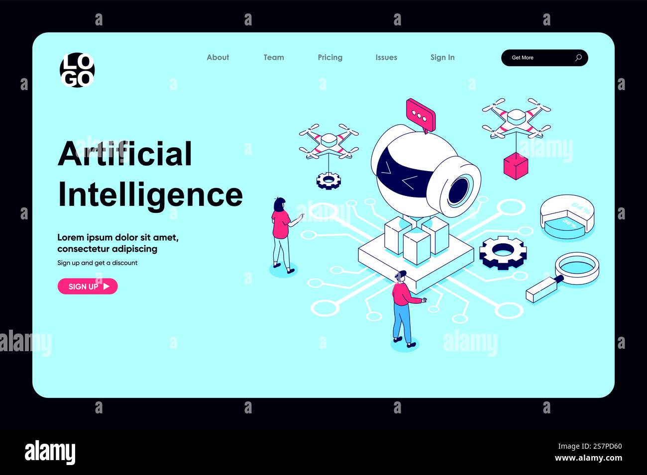 Artificial intelligence concept in 3d isometric design for landing page template. People working ...