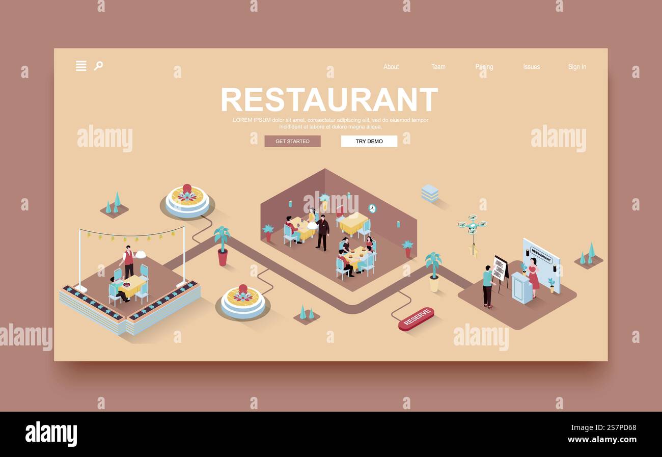 Restaurant concept 3d isometric landing page template people visit ...