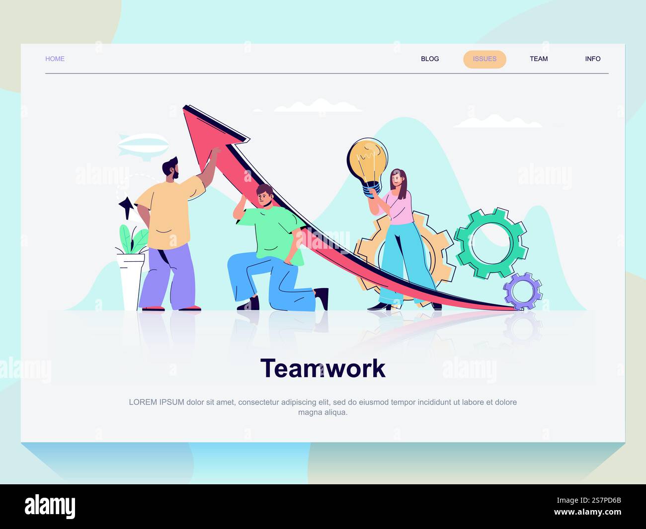 Teamwork web concept for landing page in flat design. Man and woman ...