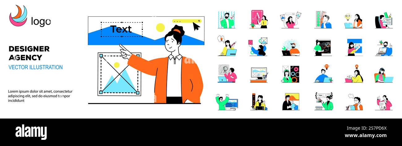 Designer agency concept with character situations mega set. Bundle of scenes people creating art ...