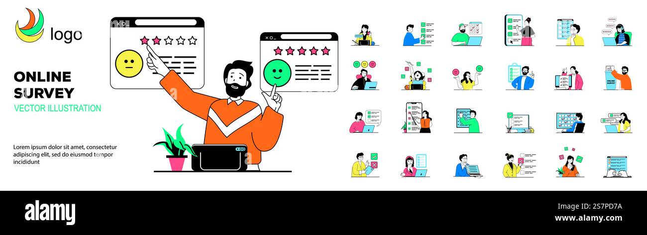 Online survey concept with character situations mega set. Bundle of ...