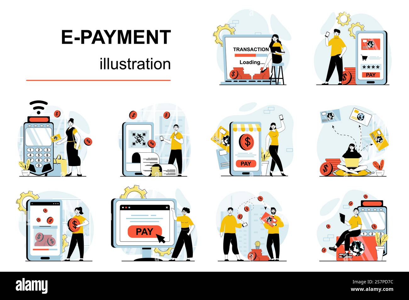 E-payment concept with character situations mega set. Bundle of scenes ...