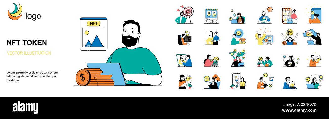 NFT token concept with character situations mega set. Bundle of scenes ...