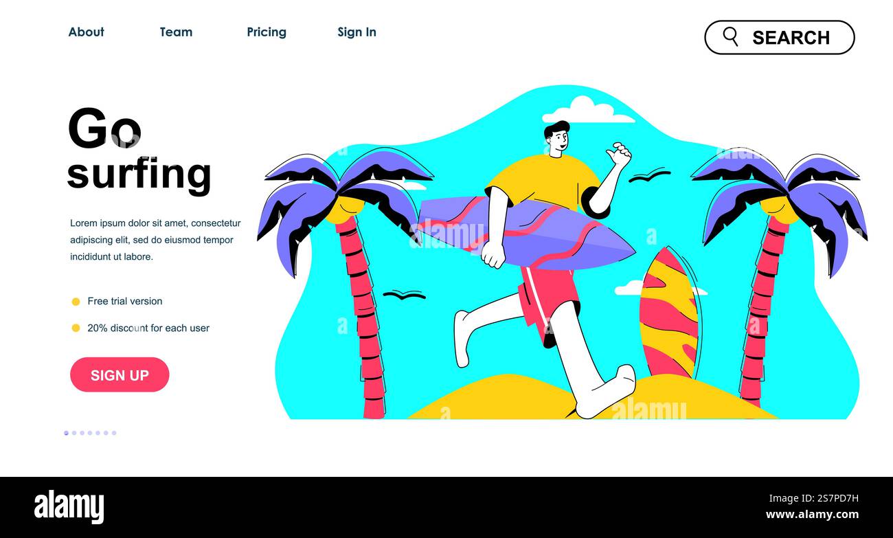 Go surfing concept for landing page template. Man with surfboard ...