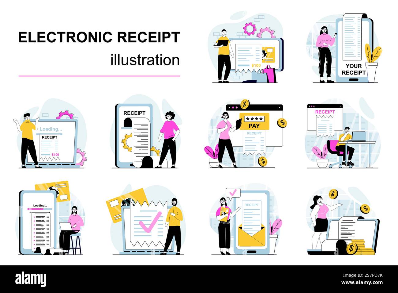 Electronic receipt concept with character situations mega set. Bundle ...
