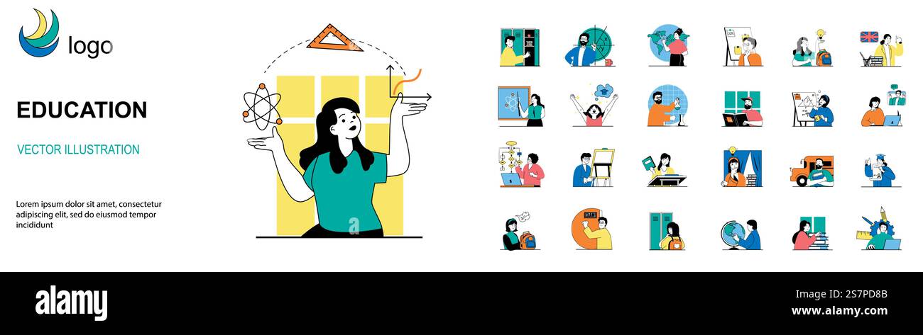 Education concept with character situations mega set. Bundle of scenes ...