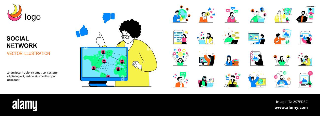 Social network concept with character situations mega set. Bundle of ...