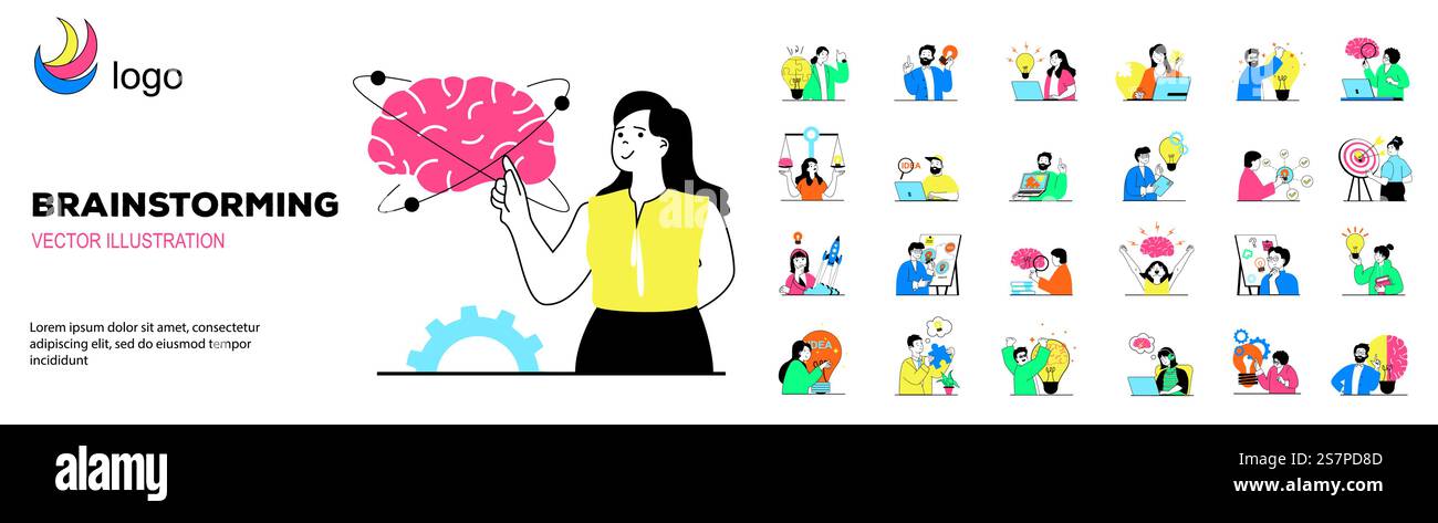 Brainstorming concept with character situations mega set. Bundle of scenes people thinking and ...