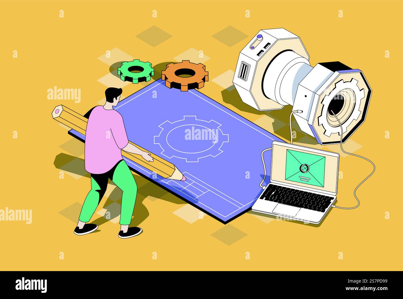 Development concept in 3d isometric design. Man developer drawing gear blueprint and engineering ...