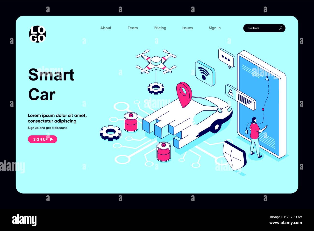 Smart car concept in 3d isometric design for landing page template. People using autonomous ...
