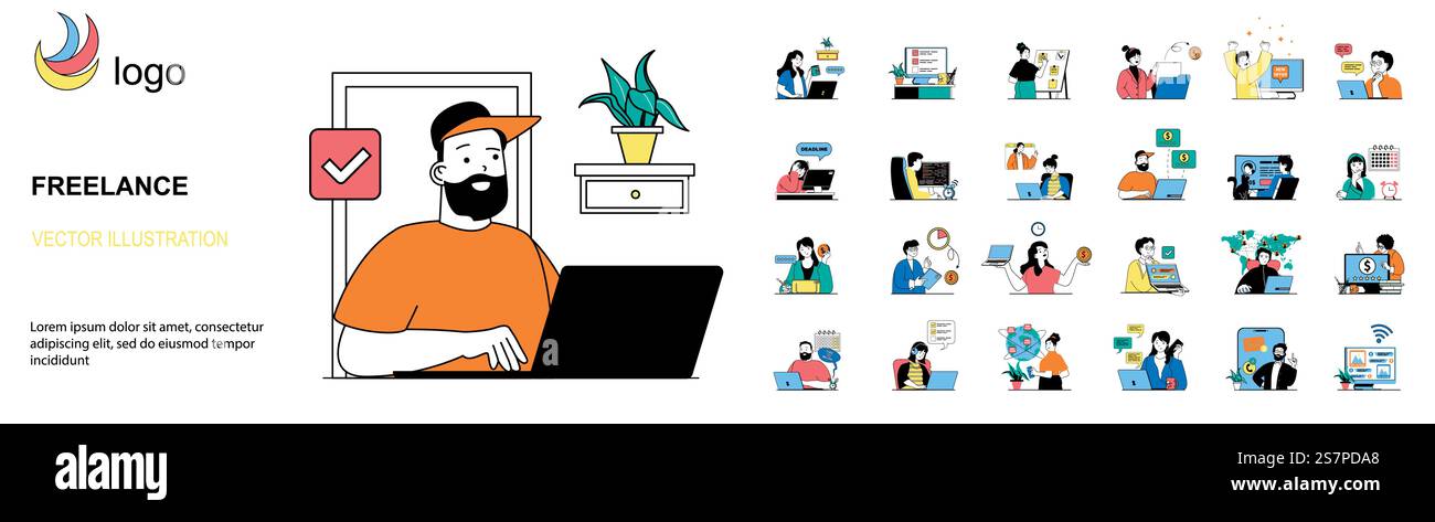 Freelance concept with character situations mega set. Bundle of scenes people organizing ...