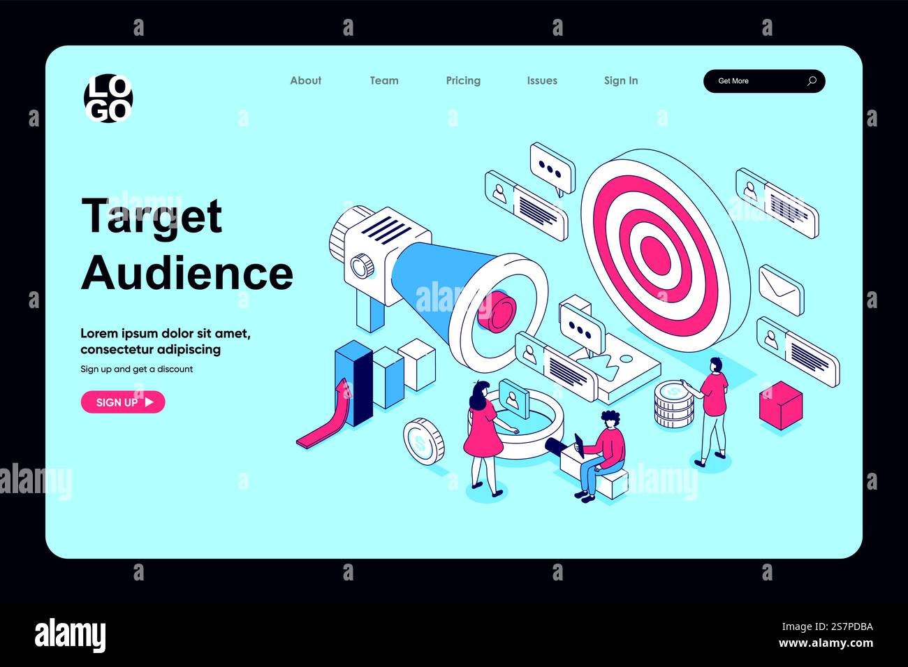 Target audience concept in 3d isometric design for landing page template. People studying ...