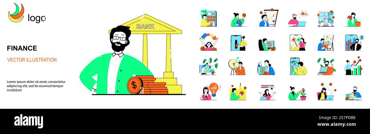 Finance concept with character situations mega set. Bundle of scenes ...