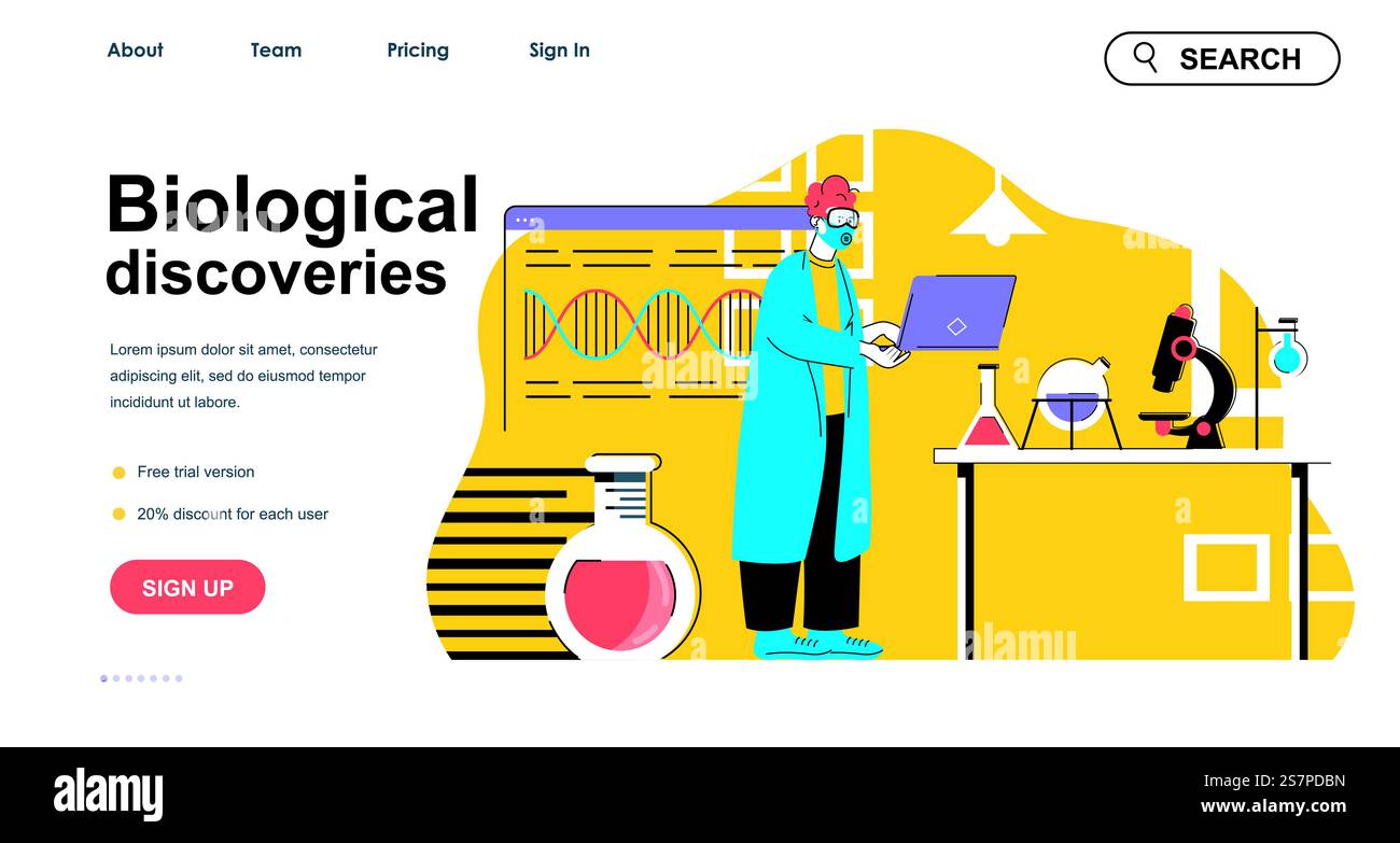 Biological discoveries concept for landing page template. Scientist in ...