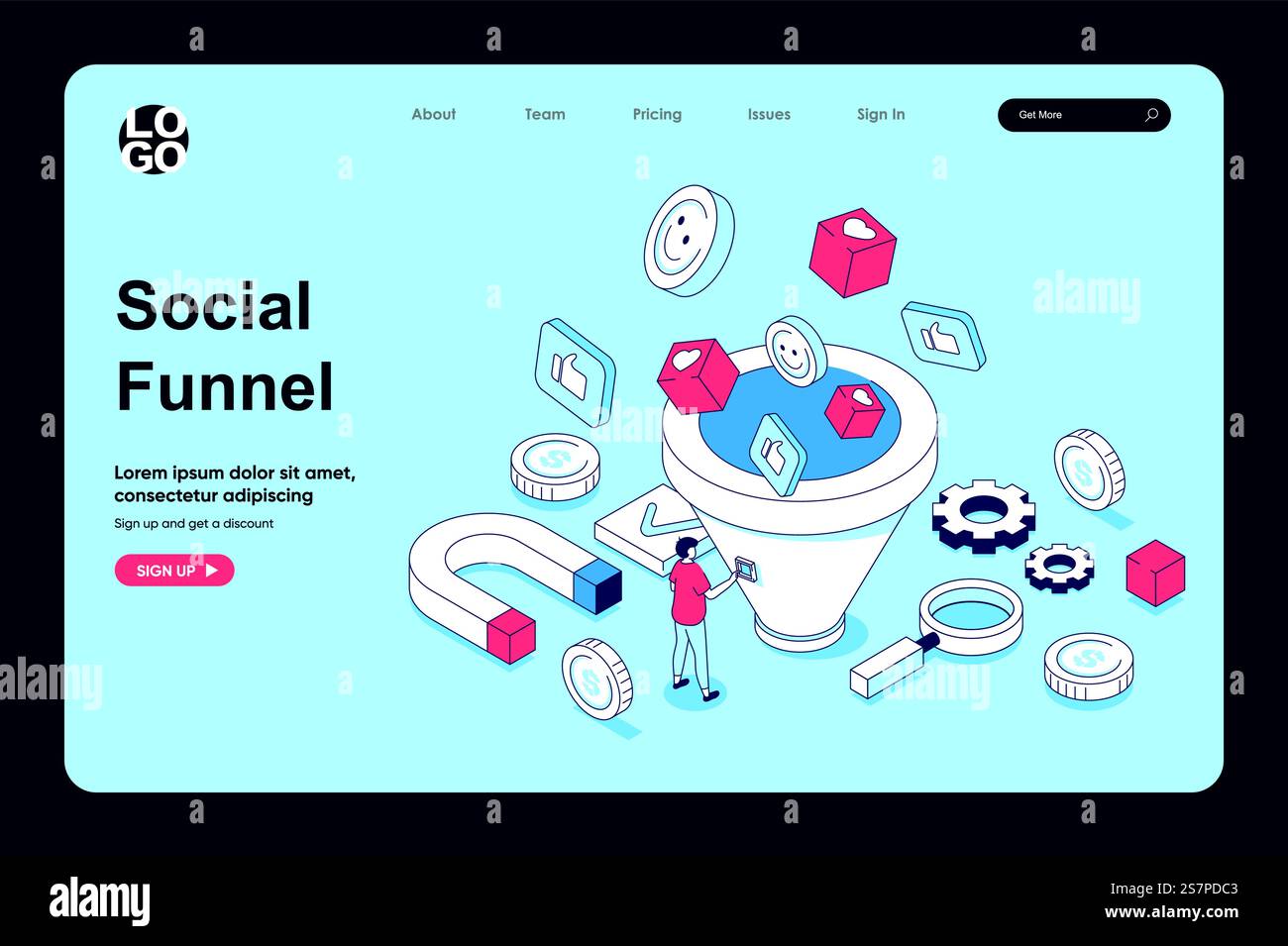 Social media funnel concept in 3d isometric design for landing page ...