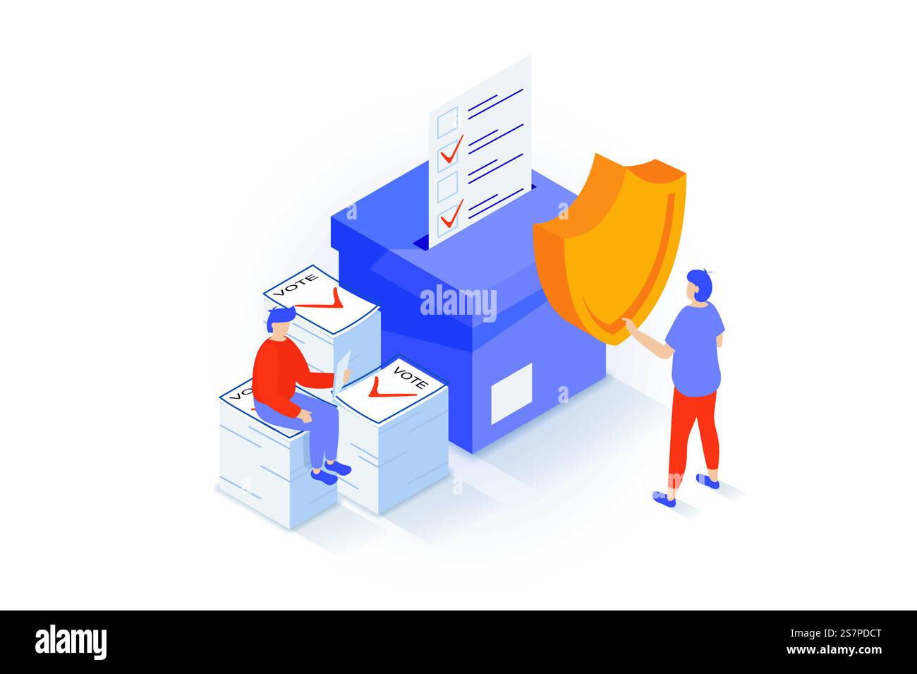 Election and voting concept in 3d isometric design. People vote in elections and put paper forms ...