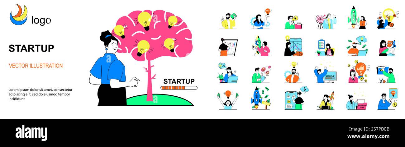 Startup concept with character situations mega set. Bundle of scenes people brainstorming and ...