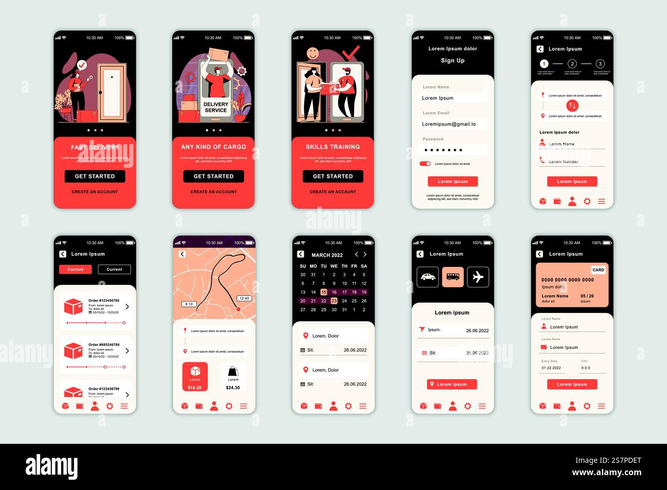 Delivery concept screens set for mobile app template. People use fast shipping services ...