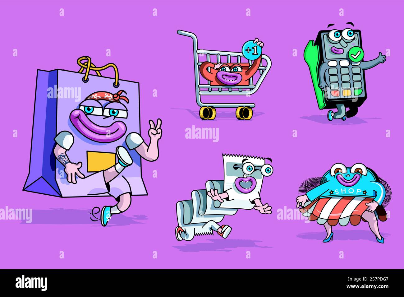 Shopping concept with 3d cute cartoon characters set. Funny avatars of ...