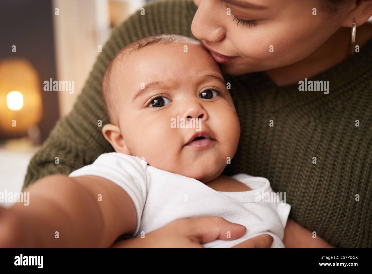 Love, mother and portrait of baby in house with bonding, connection and ...