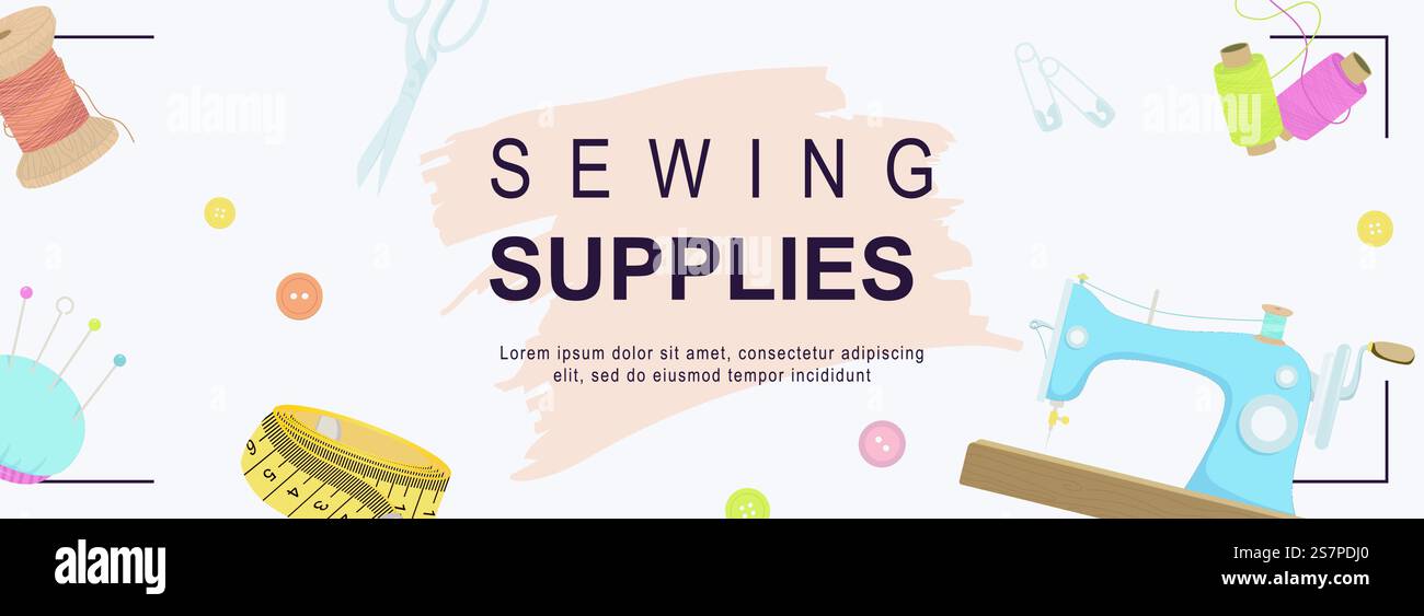Sewing supplies horizontal web banner. Thread, measuring tape, sew ...