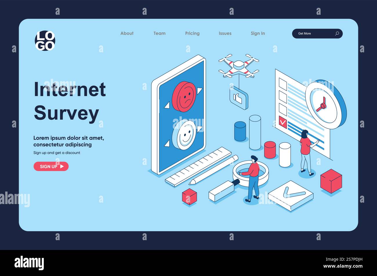 Internet survey concept in 3d isometric design for landing page template. People answering and ...