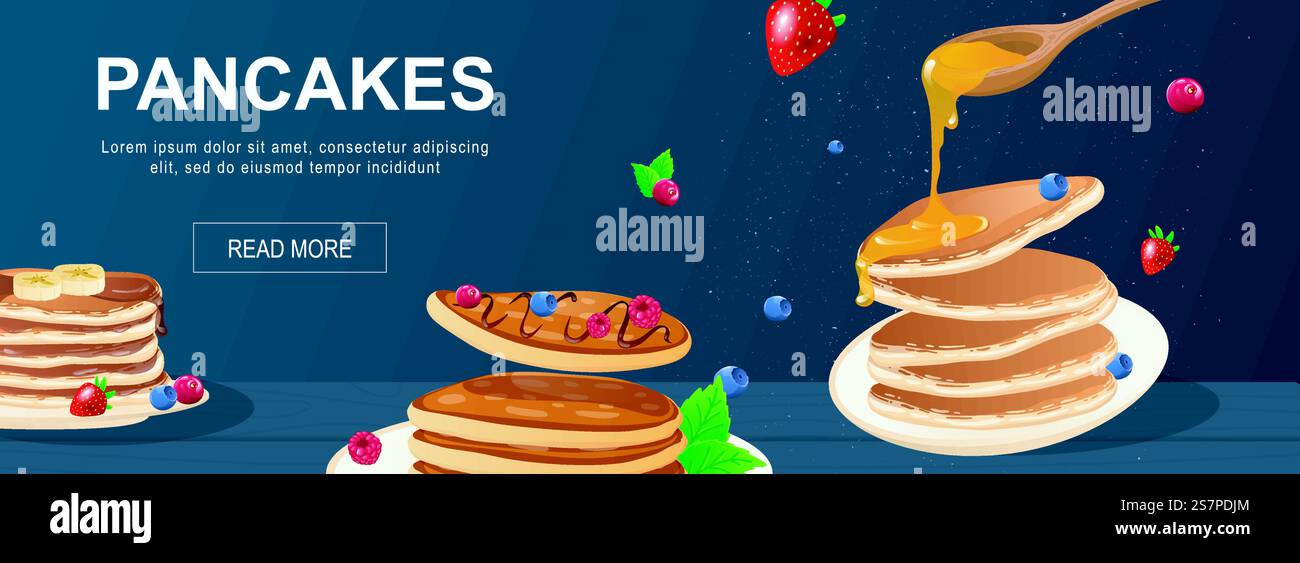 Pancakes horizontal web banner. Sweet pancakes with honey or syrup ...