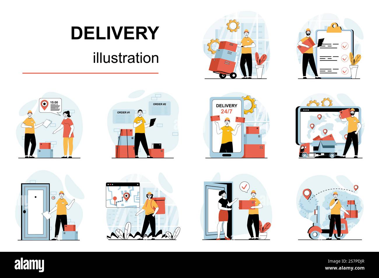 Delivery service concept with character situations mega set. Bundle of ...