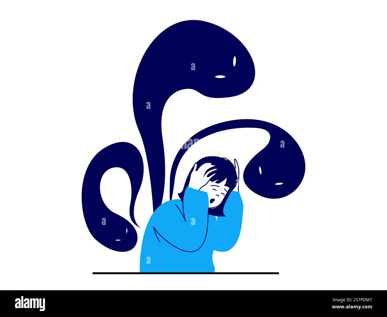 Mental health concept with character situation. Frightened woman ...