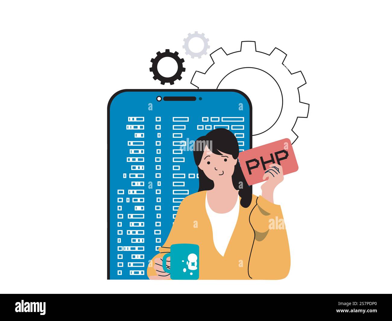 Programming Software Concept With Character Situation Woman Working With Program Code On Mobile