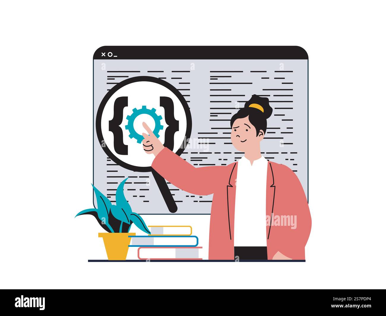 Programming Software Concept With Character Situation Woman Working With Code At Screen Fixing