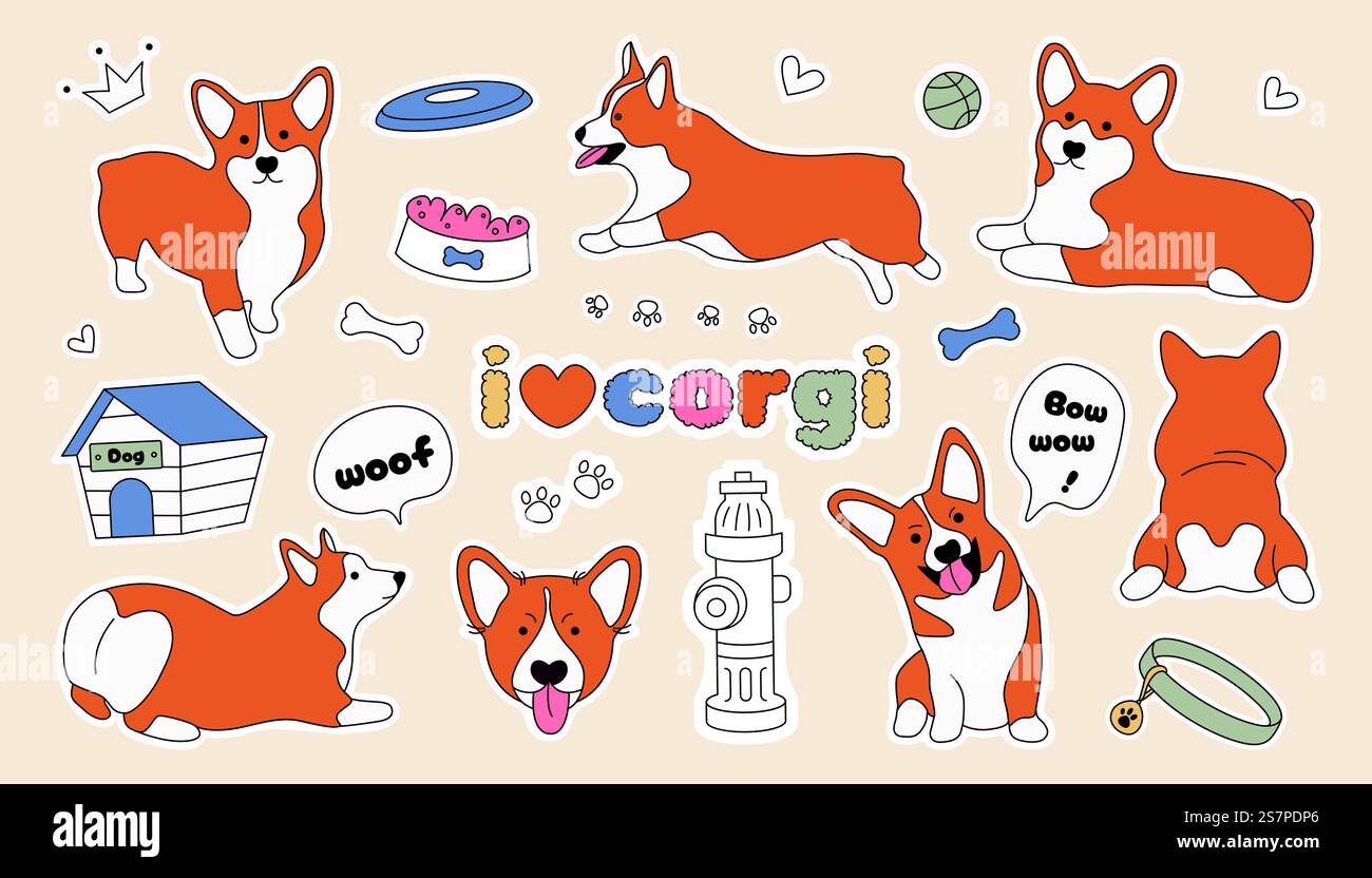 Corgi stickers. Cute cartoon dog characters with bone, footprint and ...